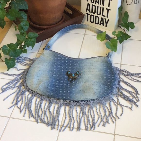 Bags | Gypsy Style Faded Denim Purse Wfringecharms | Poshmark
